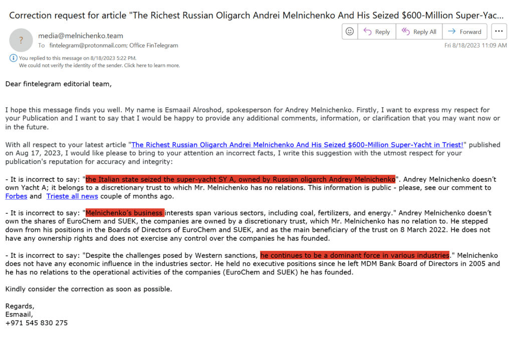 Russian Oligarch Andrey Melnichenko Provides Statement To FinTelegram ...